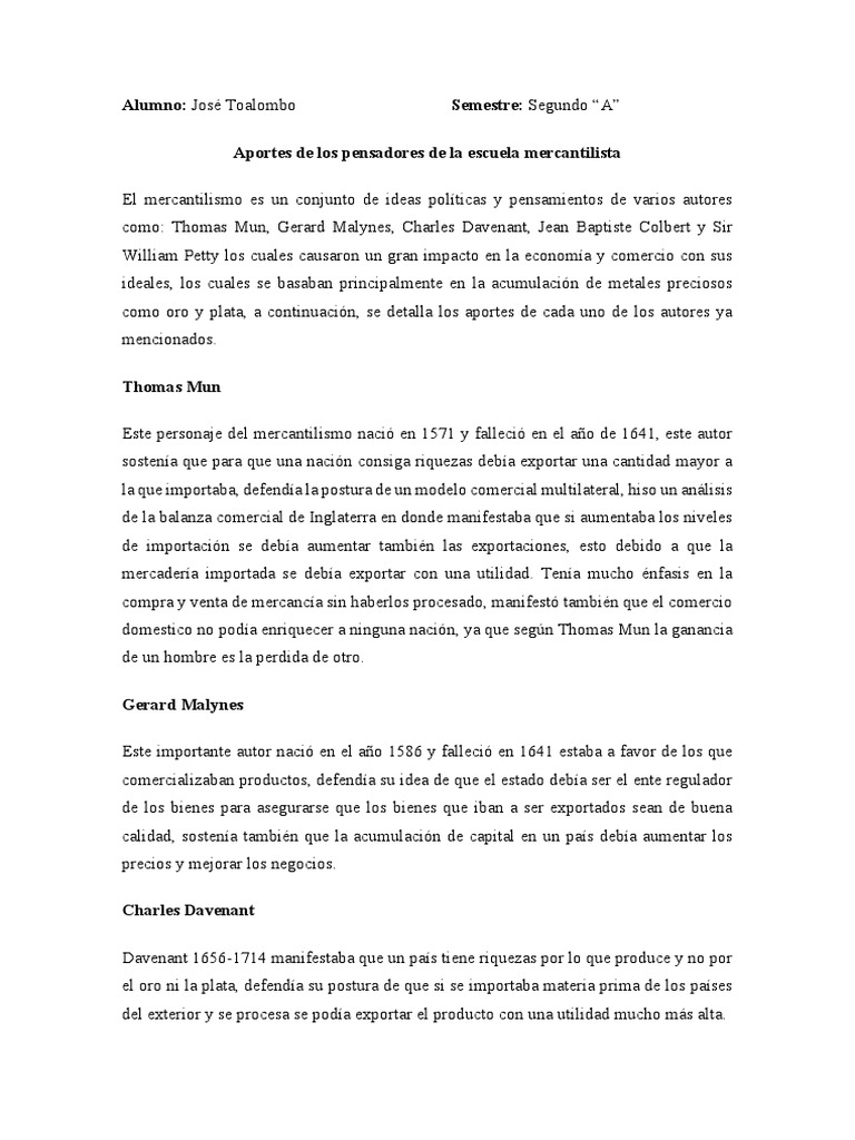 Aportes de Los Pensadores de La Escuela Mercantilista | PDF ...