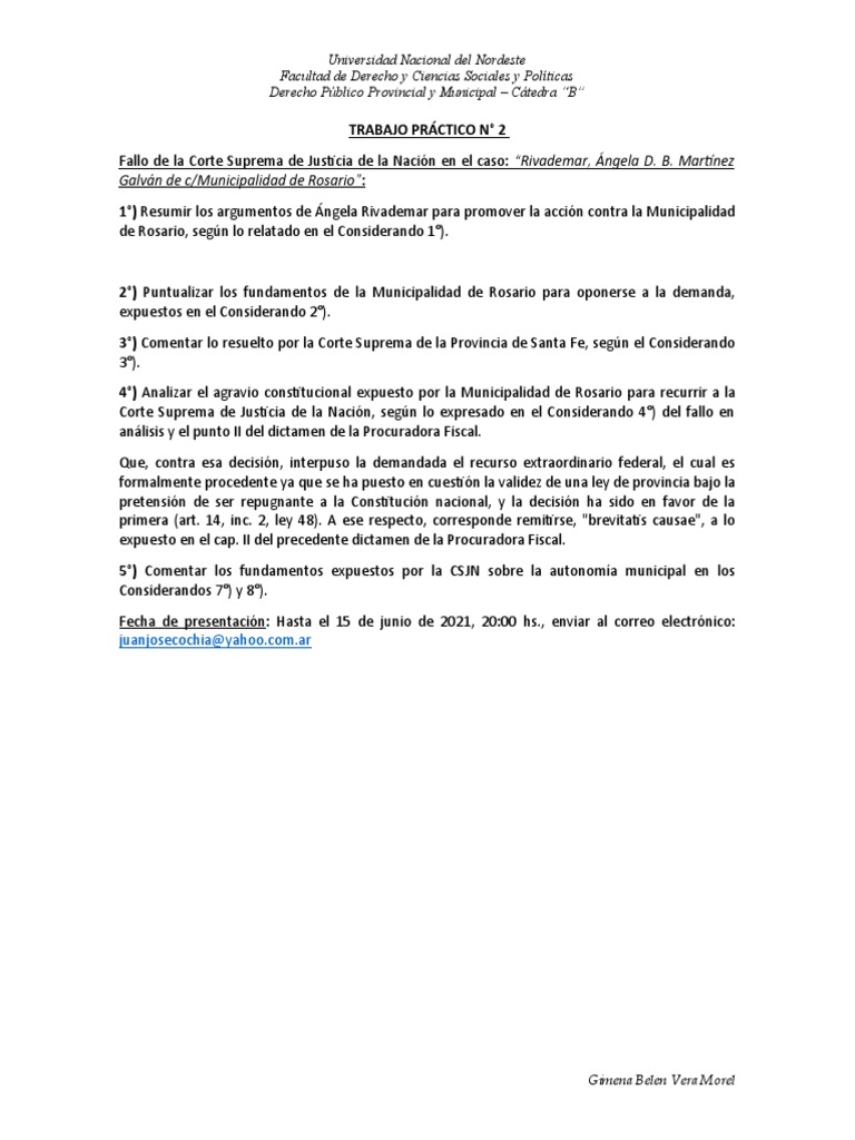 Consignas Trabajo Práctico #2. Fallo CSJN Rivademar | PDF