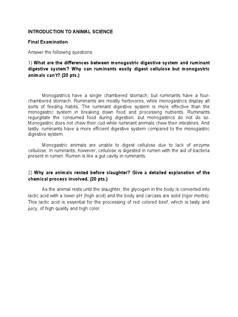 Introduction To Animal Science Final Examination | PDF | Ruminant ...