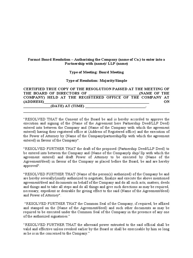Format Board Resolution Enter Into Partnership | PDF | Power Of ...