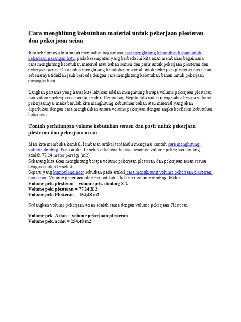 Cara Menghitung Kebutuhan Material Untuk Pekerjaan Plesteran Dan ...