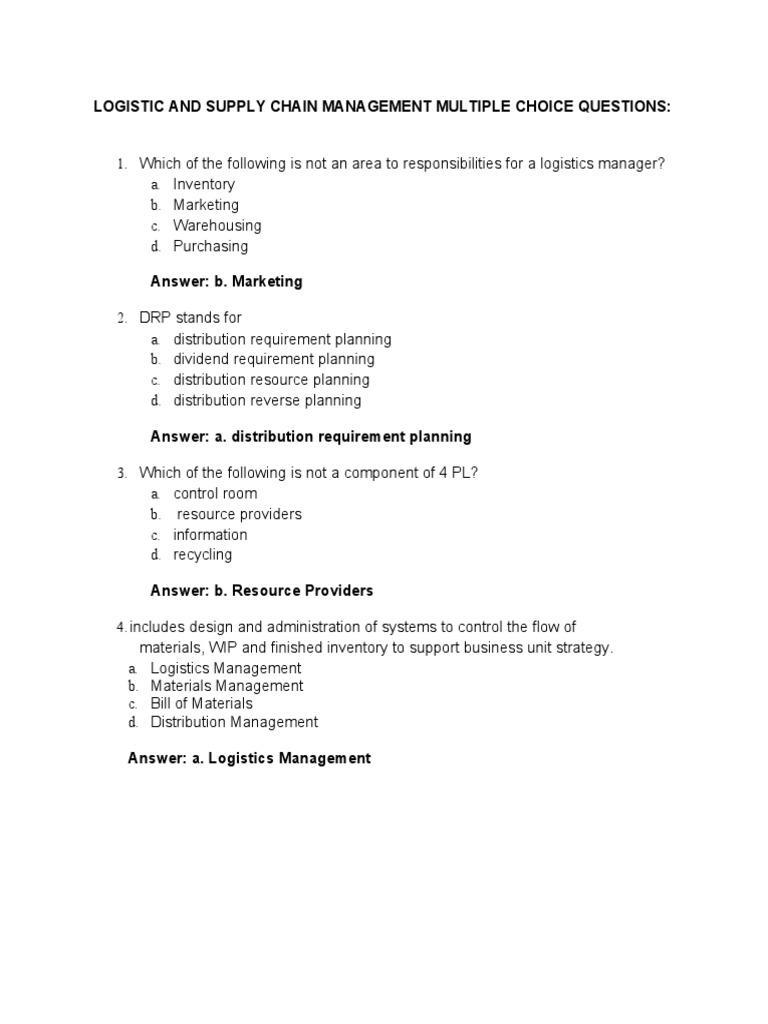 I Mid Logistic and Supply Chain Management Multiple Choice Questions ...