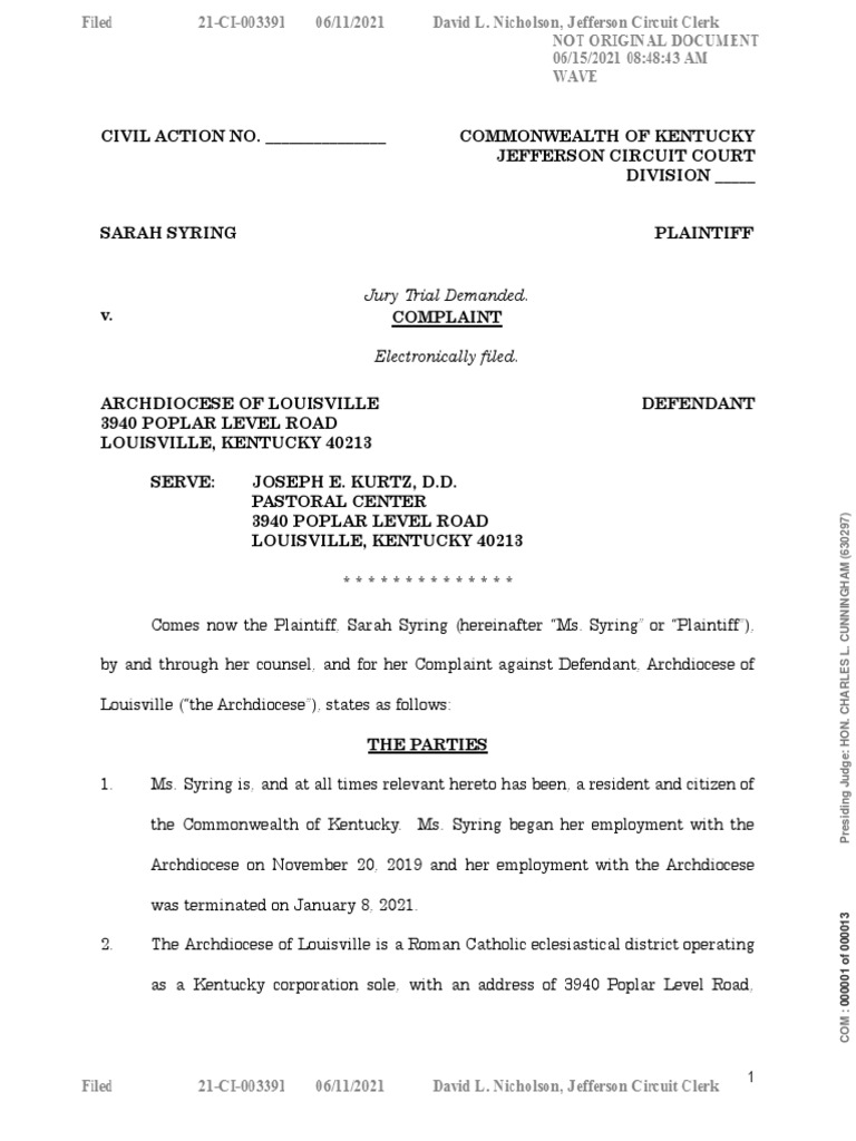 Syring Vs Archdiocese | PDF | Catholic Church | Lawsuit