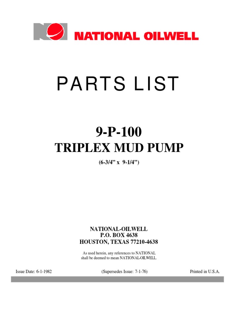 NOV National 9P100 Mud Pump Parts List Book | PDF