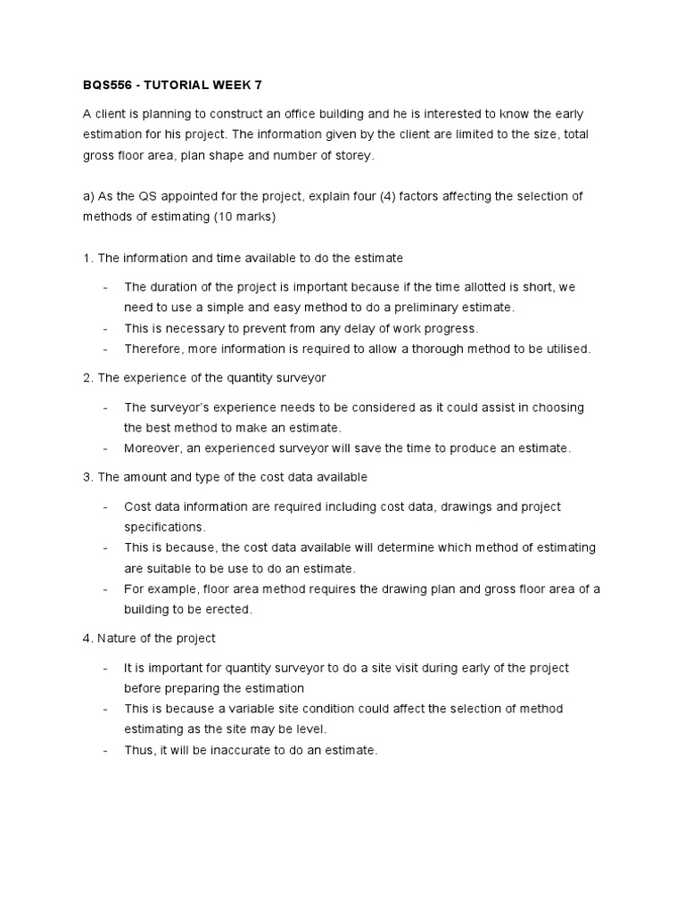 BQS556 - TUTO WEEK 7 (Floor Area Method) | PDF | Business | Science