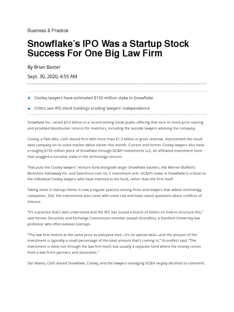 Snowflake's IPO Was A Startup Stock Success For One Big Law Firm | PDF ...
