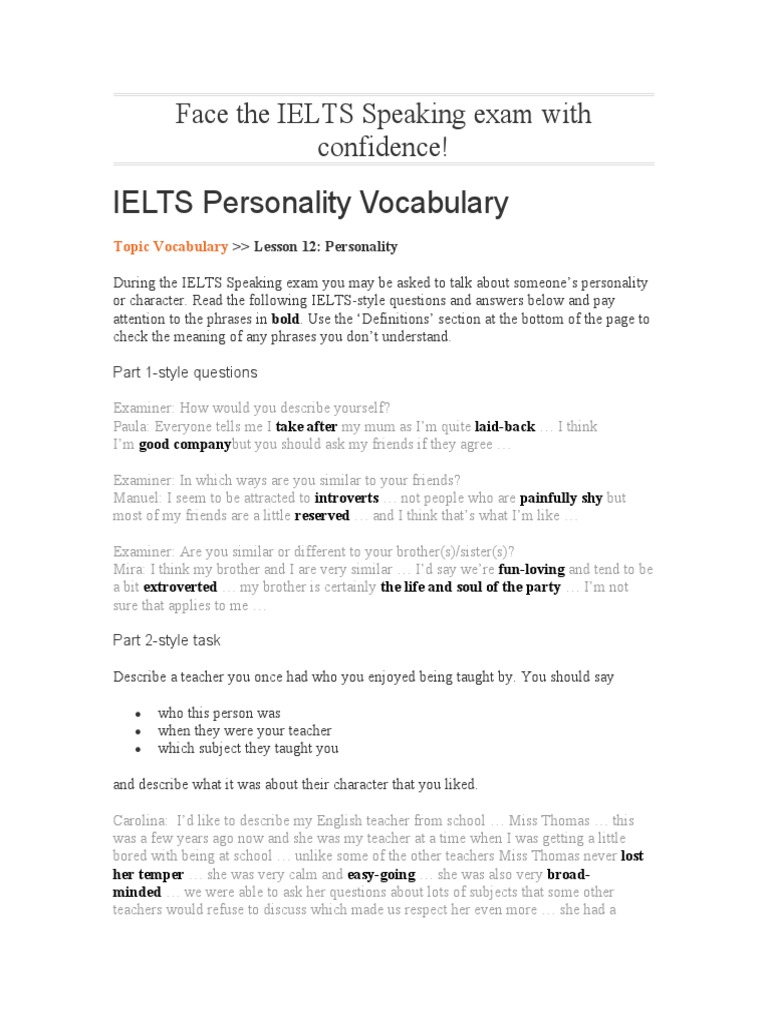 IELTS Personality Vocabulary: Face The IELTS Speaking Exam With ...