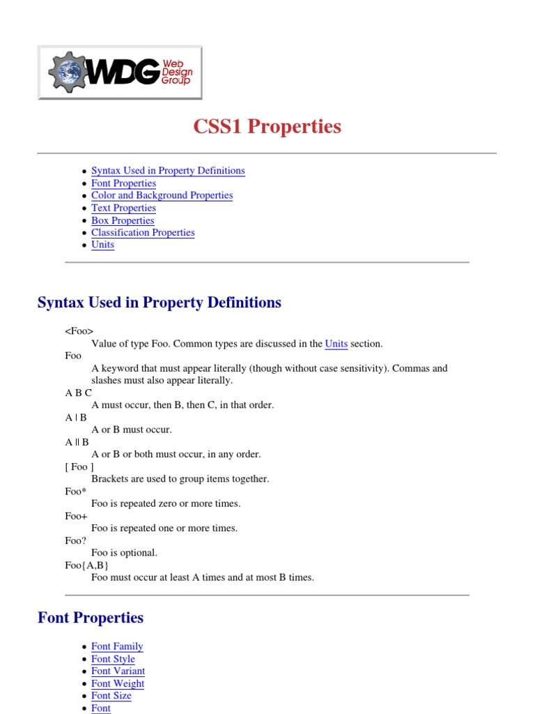 CSS1 Properties: Syntax Used in Property Definitions | PDF | Html Element | Typefaces