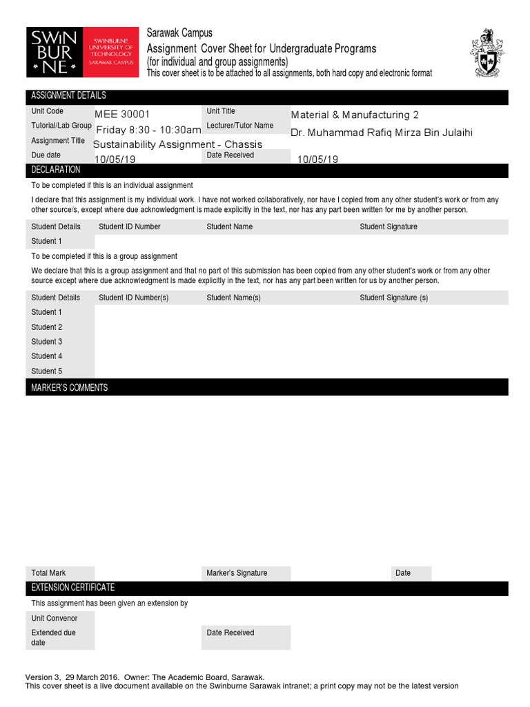 Assignment Cover Sheet For Undergraduate Programs: Sarawak Campus (For ...