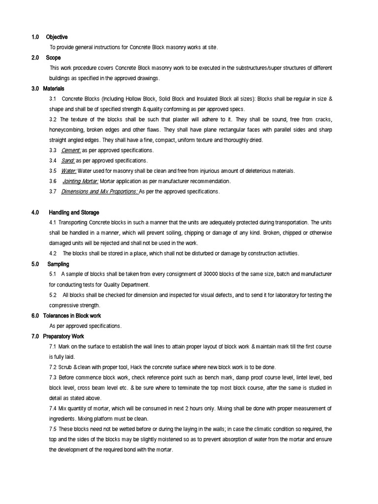 Method - Statement - For Concrete - Blockwork | PDF | Masonry | Concrete