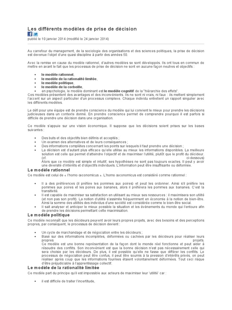 Les Différents Modèles de Prise de Décision | PDF | Rationalité | Prise ...