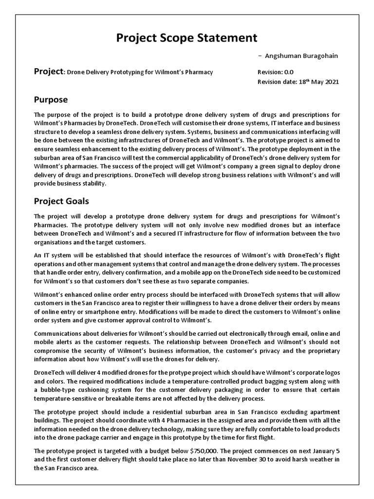 Wilmont's Pharmacy Project Scope Statement | PDF | Unmanned Aerial ...
