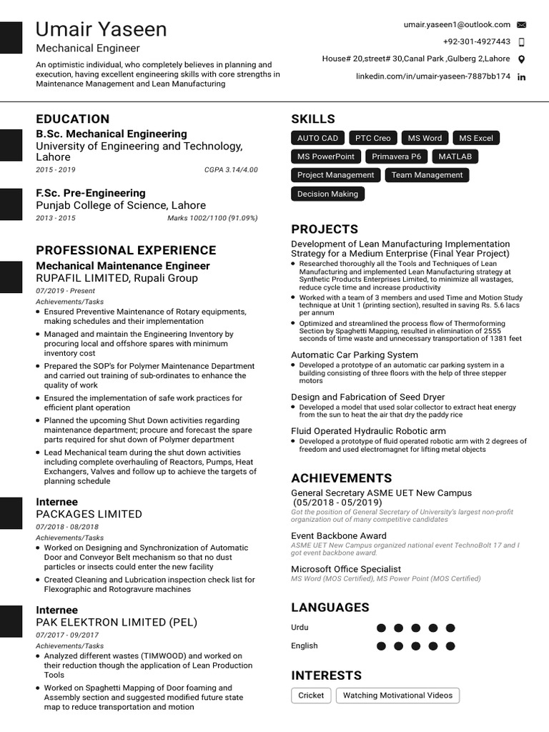 Umair Yaseen Resume PDF | PDF | Engineering | Mechanical Engineering
