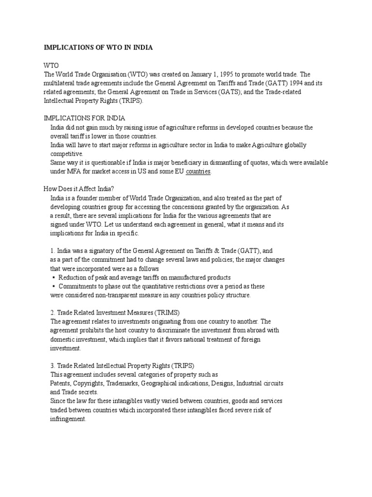 Implications of Wto in India | PDF | World Trade Organization | Dumping ...