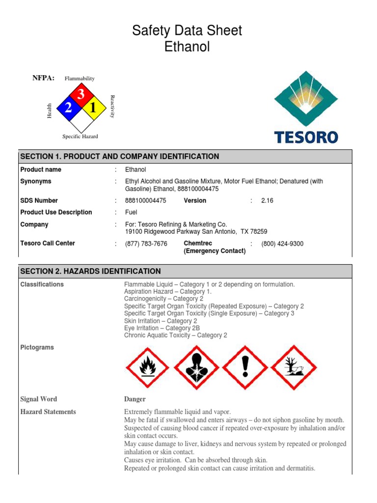 Safety Data Sheet Ethanol: Nfpa | PDF | Toxicity | Benzene