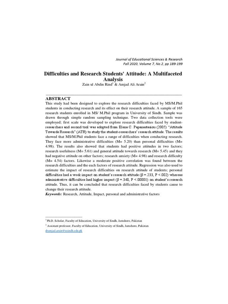 Difficulties and Research Students' Attitude - A Multifaceted Analysis ...