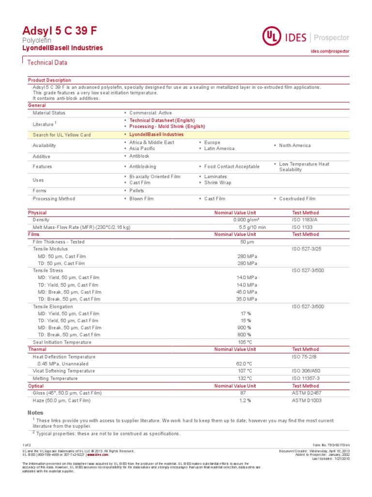 Adsyl 5 C 39 F: Lyondellbasell Industries | PDF | Yield (Engineering ...