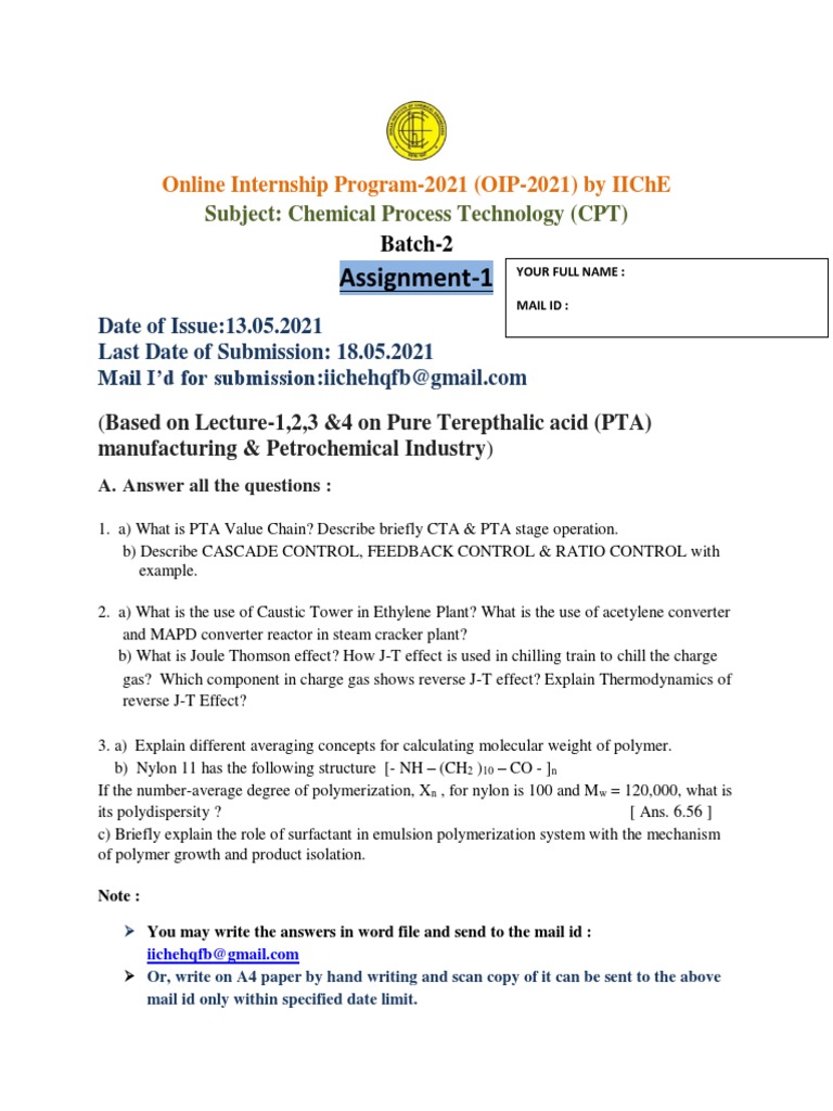 Assignment-1 For CPT Batch-2 Under OIP-2021, IIChE | PDF