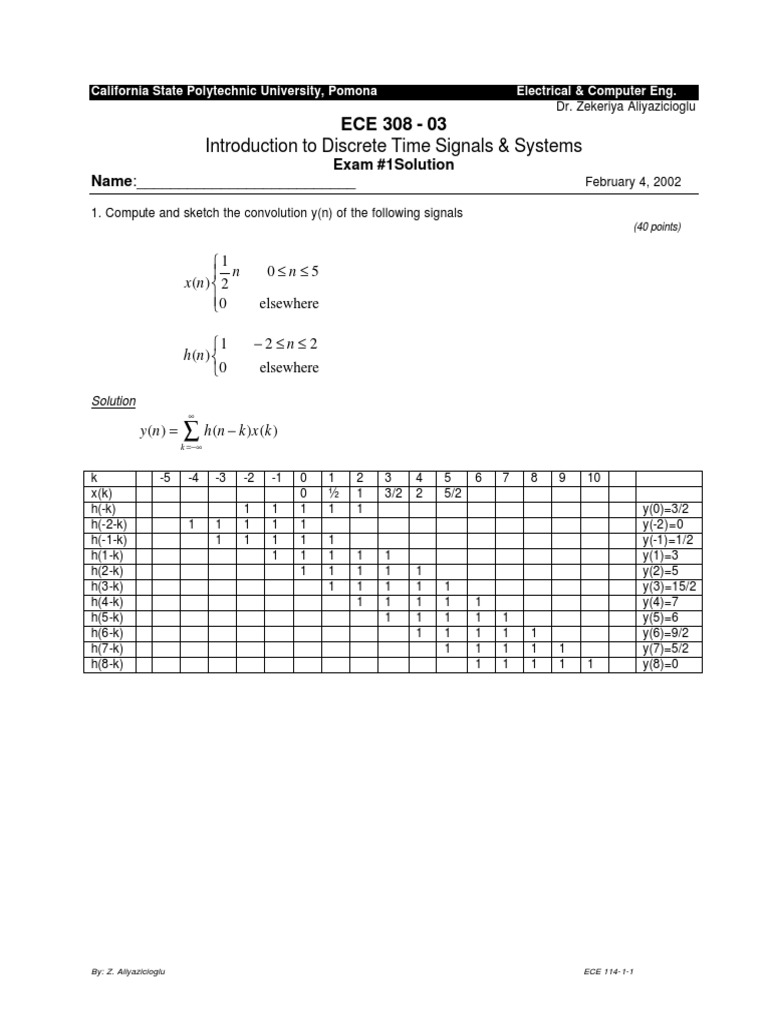 Introduction To Discrete Time Signals & Systems: Exam #1solution Name ...