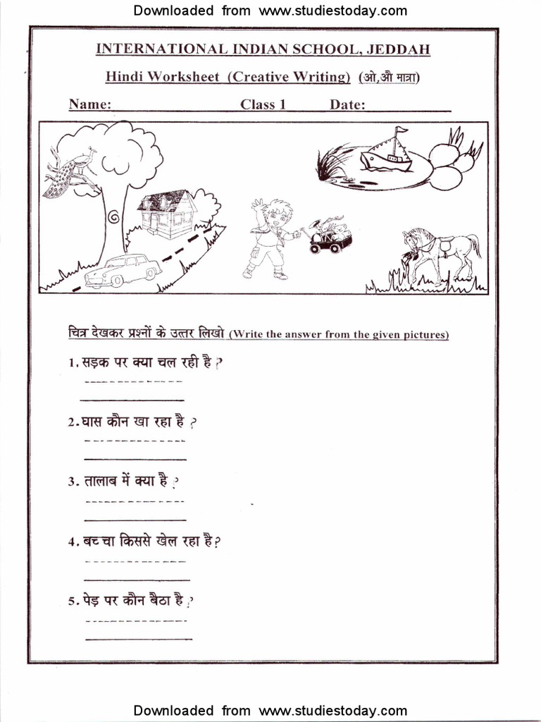 CBSE Class 1 Hindi Practice Worksheet (22) - Creative Writing | PDF