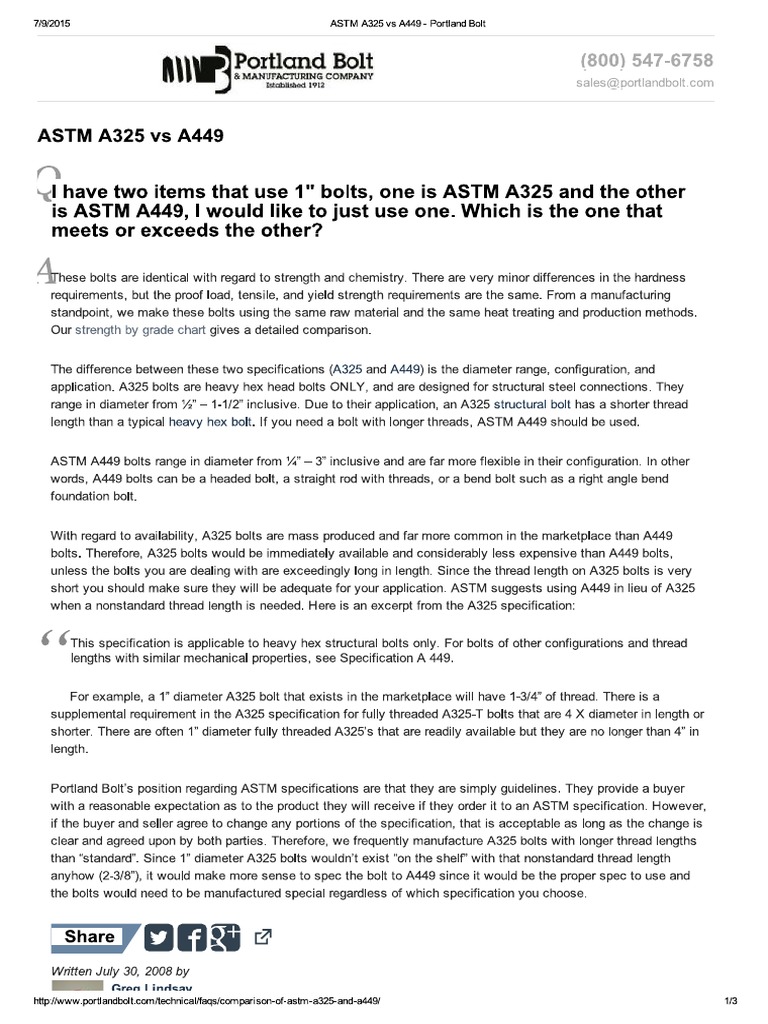 ASTM A325 Vs A449 - Portland Bolt
