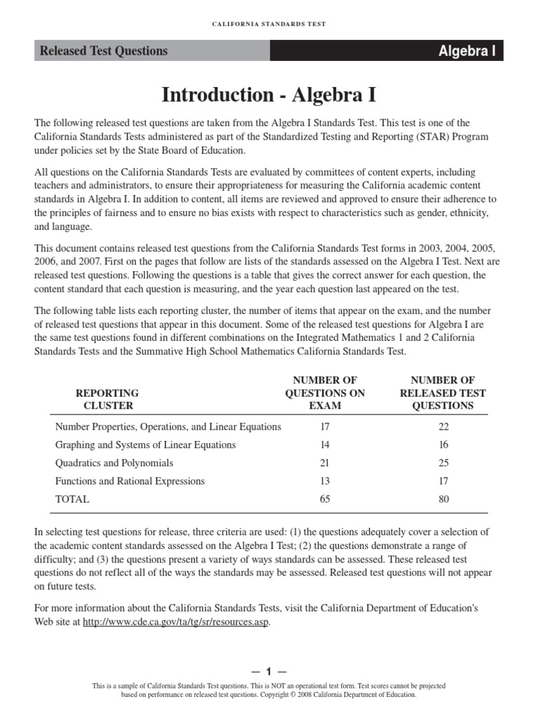 Introduction - Algebra I: Released Test Questions | PDF | Quadratic ...