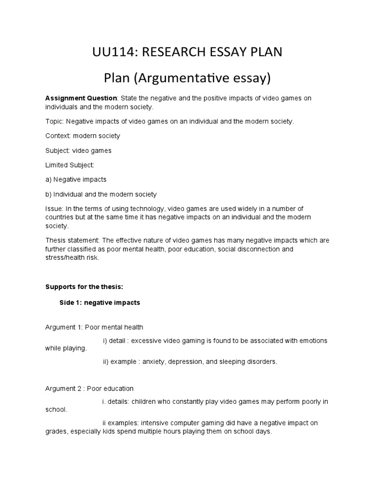 Uu114: Research Essay Plan Plan (Argumentative Essay) | PDF | Mental ...