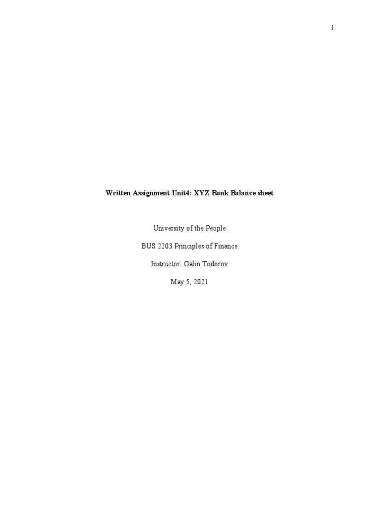 Written Assignment Unit4: XYZ Bank Balance Sheet | PDF | Balance Sheet | Banks
