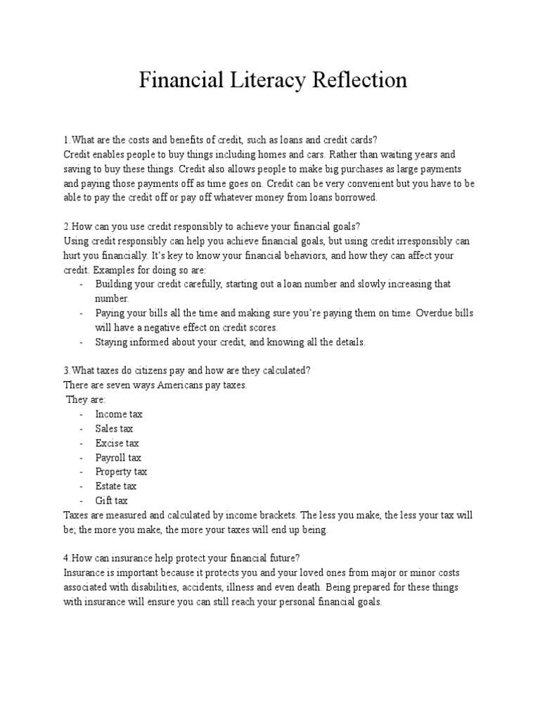 Financial Literacy Reflection | PDF | Credit | Finance & Money Management