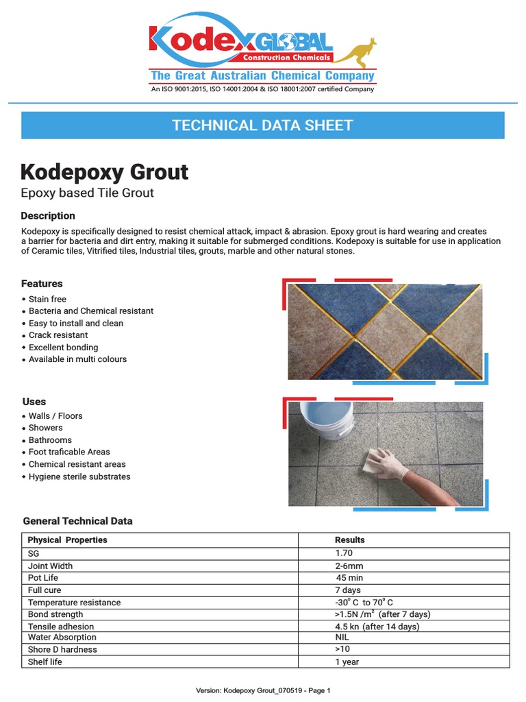 A Technical Data Sheet for Kodepoxy Grout, an Epoxy-Based Tile Grout ...
