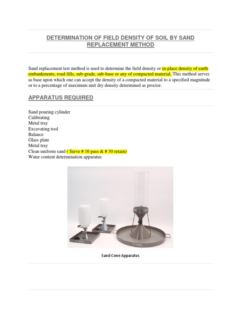 Determination of Field Density of Soil by Sand Replacement Method | PDF ...