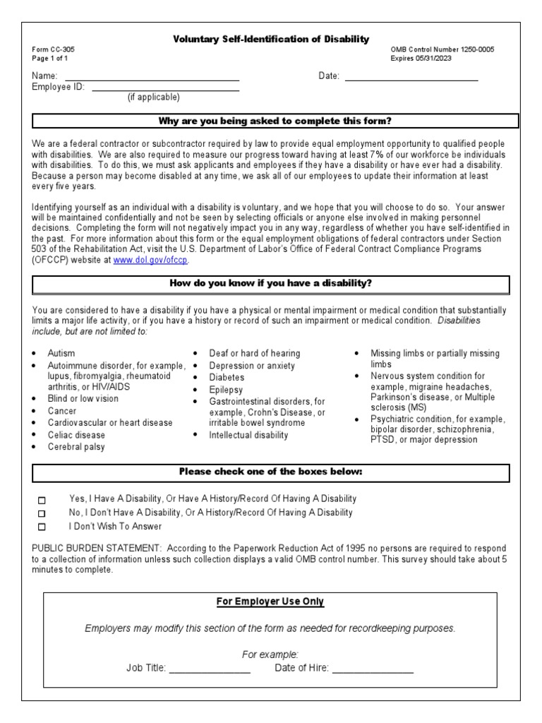Voluntary Self-Identification of Disability Form CC-305 | PDF ...