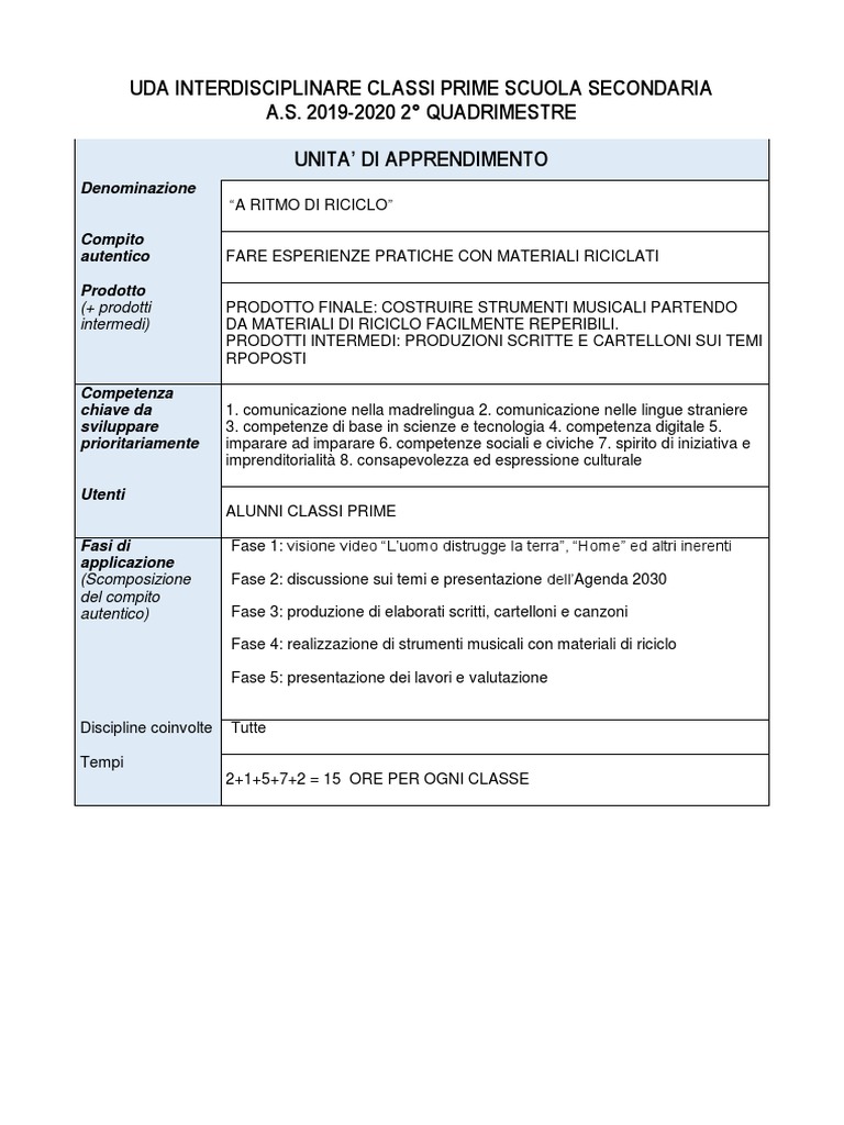 Uda Educazione Ambientale Classi Prime | PDF