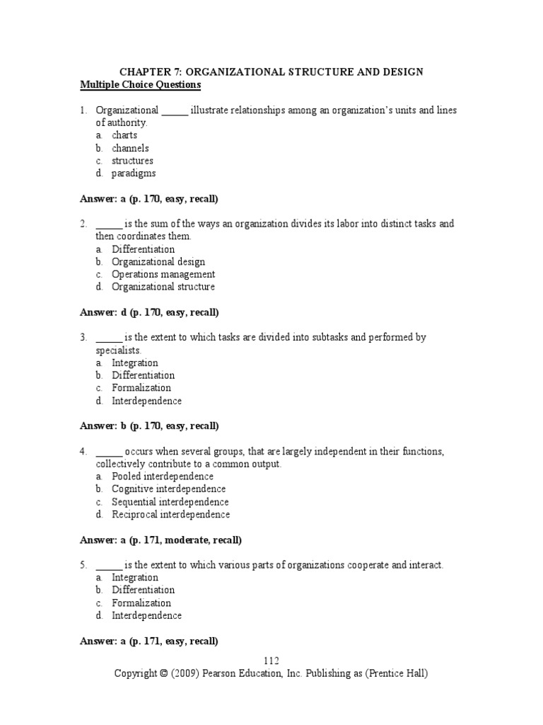 CHAPTER 7 - ORGANIZATIONAL STRUCTURE AND DESIGN Multiple Choice ...