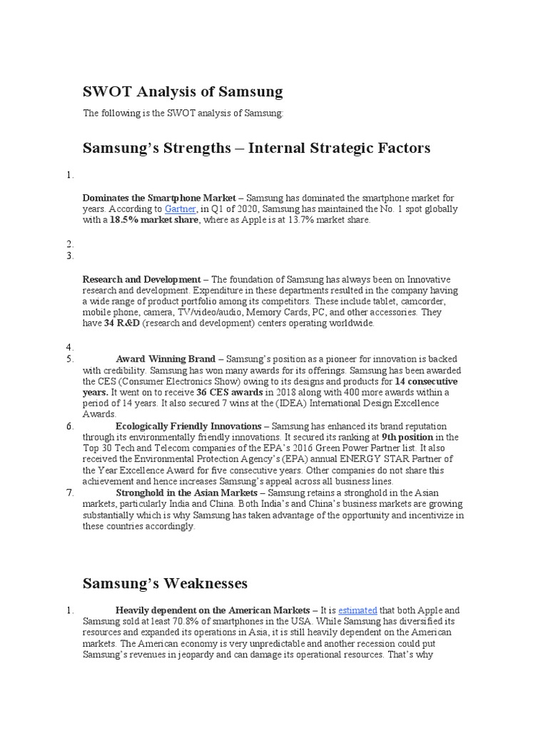 SWOT Analysis of Samsung | PDF | Samsung | Smartphone
