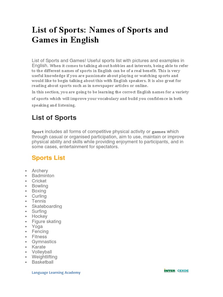 List of Sports: Names of Sports and Games in English | PDF | Sports ...