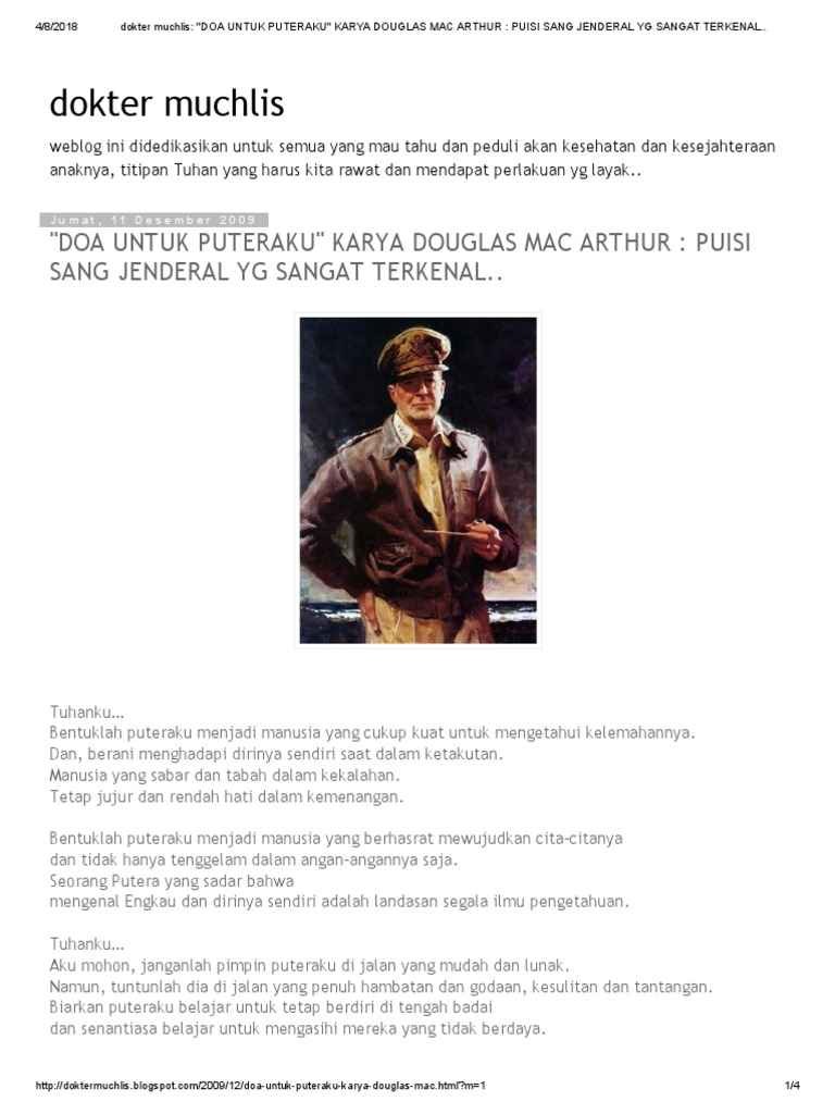 Dokter Muchlis - DOA UNTUK PUTERAKU - KARYA DOUGLAS MAC ARTHUR - PUISI SANG JENDERAL YG SANGAT ...