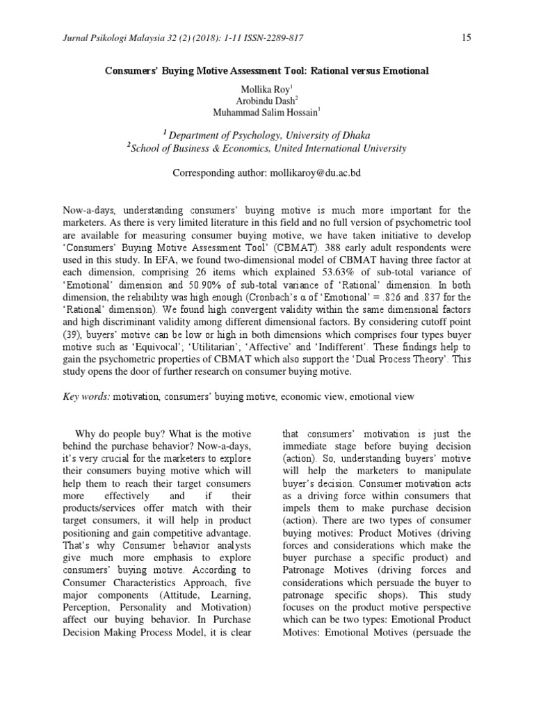 Consumers' Buying Motive Assessment Tool: Rational Versus Emotional ...