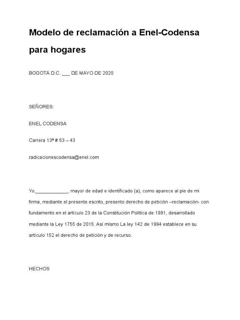 Modelo de Reclamación A Enel-Codensa para Hogares | PDF
