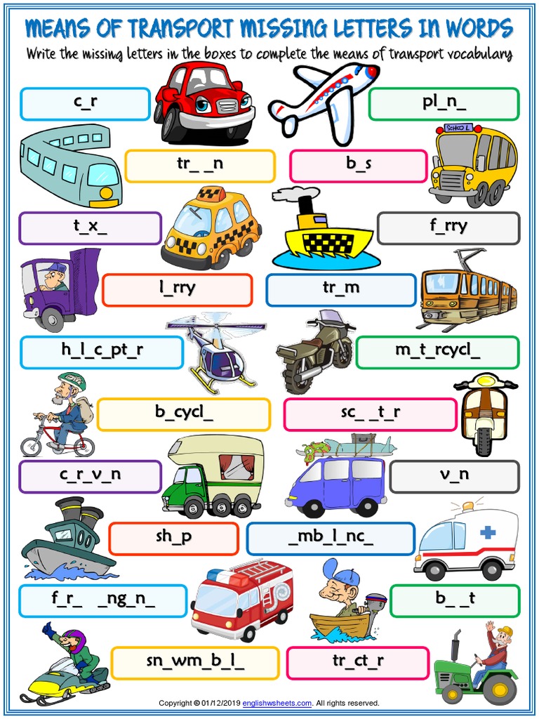 Means of Transport Vocabulary Esl Missing Letters in Words Worksheet ...