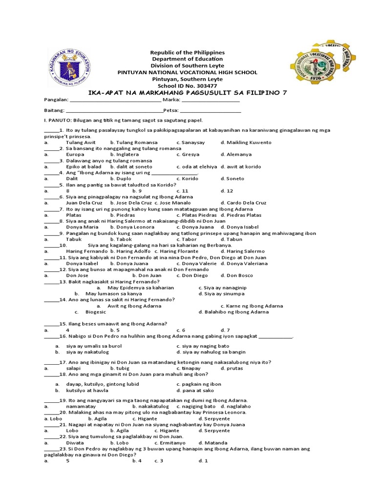 4th Quarter Summative Test 2021 Filipino 7 | PDF
