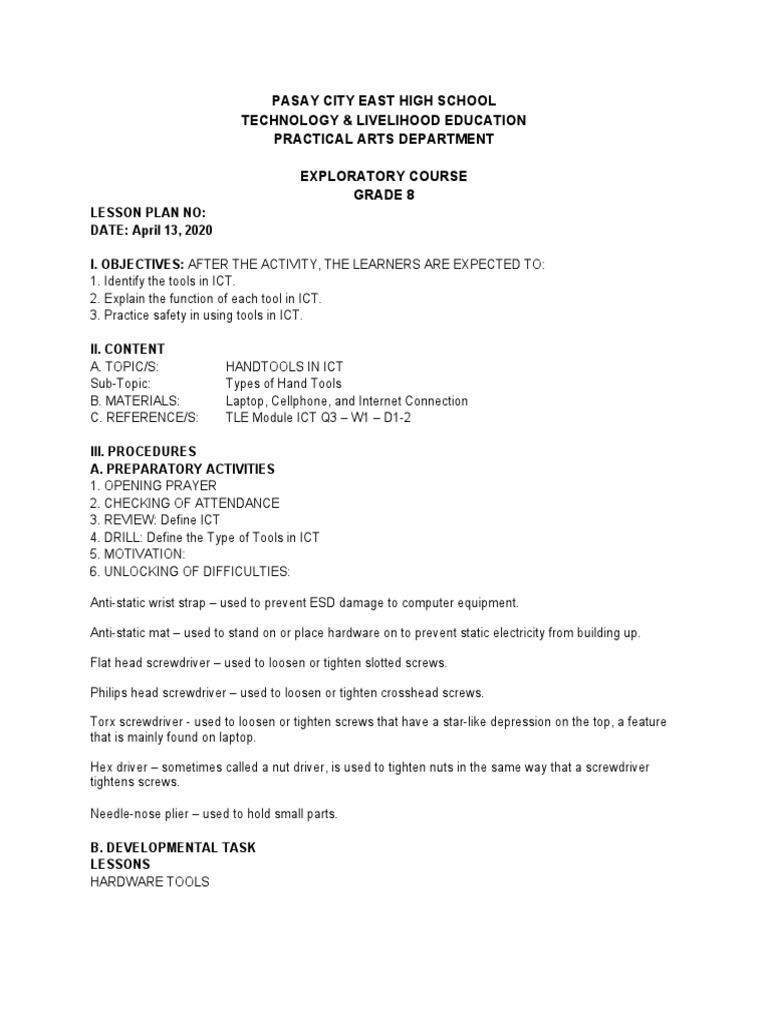 Sample Lesson Plan ICT 1 | PDF | Electrostatic Discharge | Hardware
