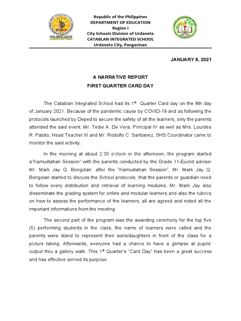 Card Day Narrative Report 1st Quarter 2020-2021 | PDF | Pedagogy ...