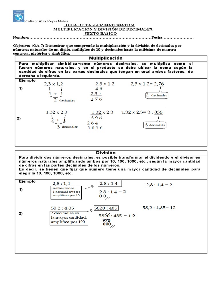 Multiplicación y División de Decimales 6° Básico | PDF | Arte