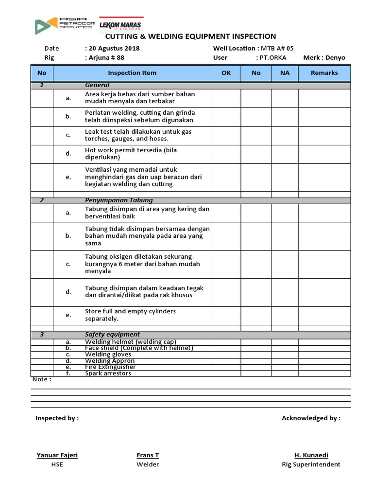 APS-Form Cutting Torch & Welding Equipment Inspection - Revised | PDF ...