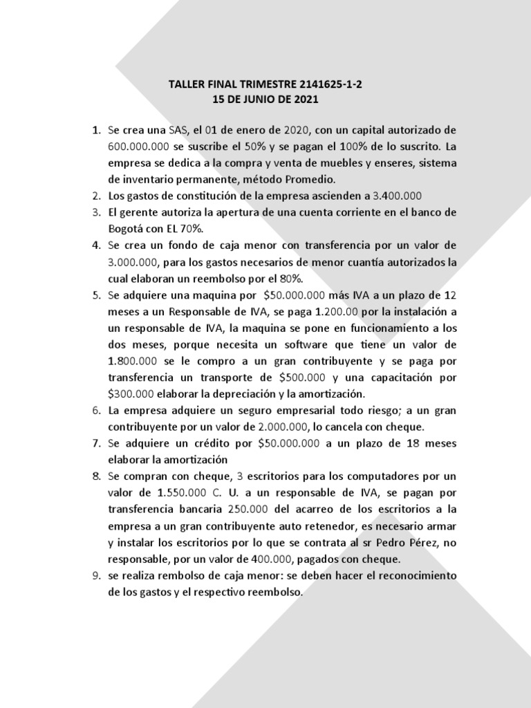 Taller Repaso Trimestre | PDF | Salario | Servicios financieros