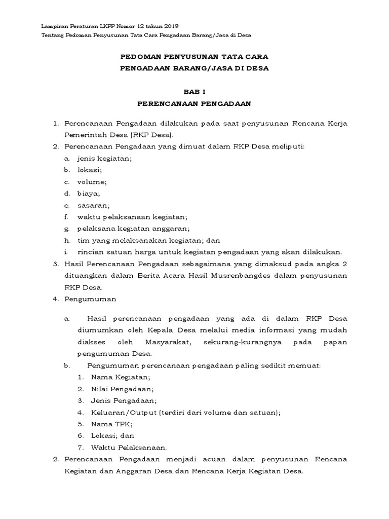 Pengadaan Barang Dan Jasa Di Desa-Perka LKPP 12 2019 | PDF ...
