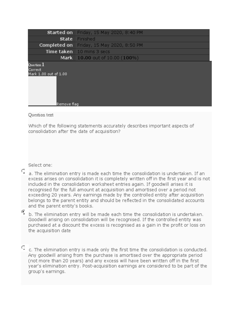 Quiz 11 | PDF | Consolidation (Business) | Goodwill (Accounting)