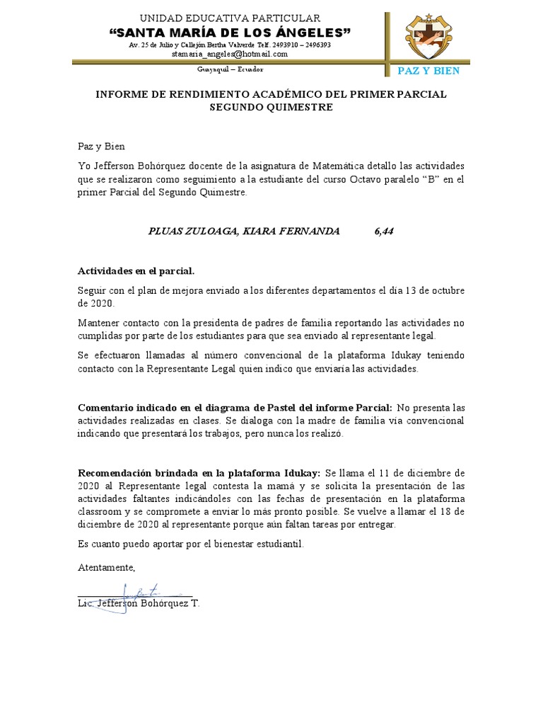 Informe Indiviual de Rendimiento Academico Por Parcial | PDF