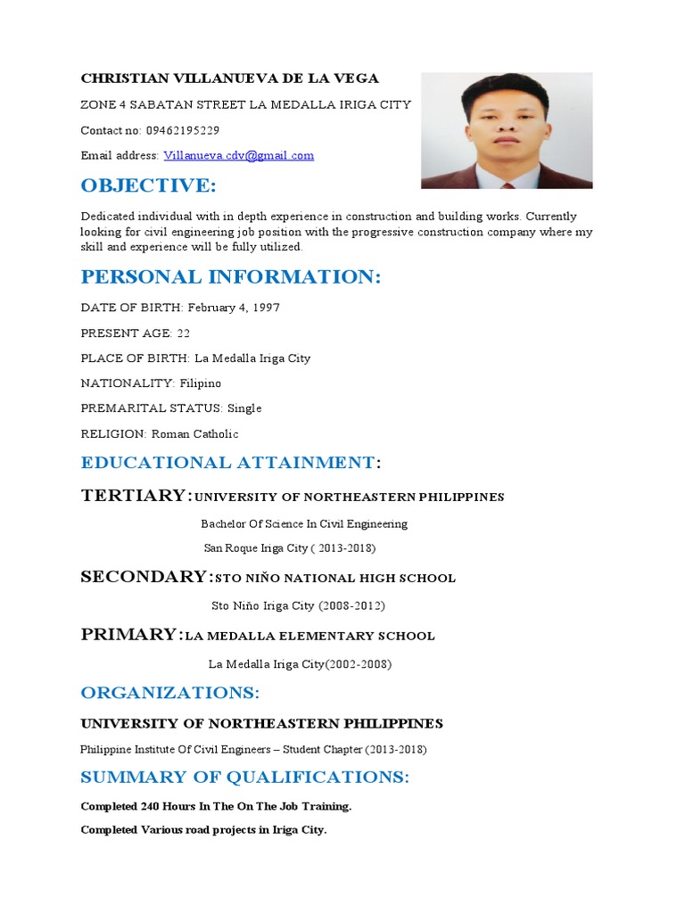 Civil Engineer Resume: Christian De La Vega | PDF | Philippines ...